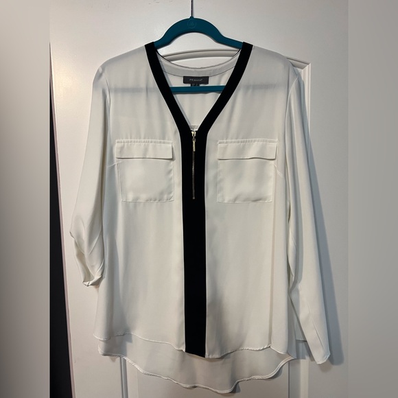 Primark | Tops | Primark White Blouse With Black Detail And Gold Zipper ...